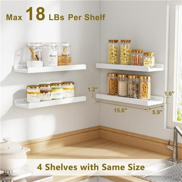Wall Decor | White Floating Wall Shelves Set Of 4 Wood Hanging Display ...